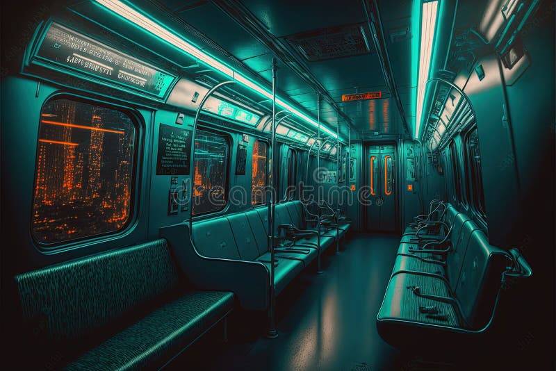 Metro Train Interior with Neon Lights, Generative Ai Stock Illustration ...