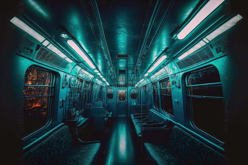 Metro Train Interior with Neon Lights, Generative Ai Stock Illustration ...