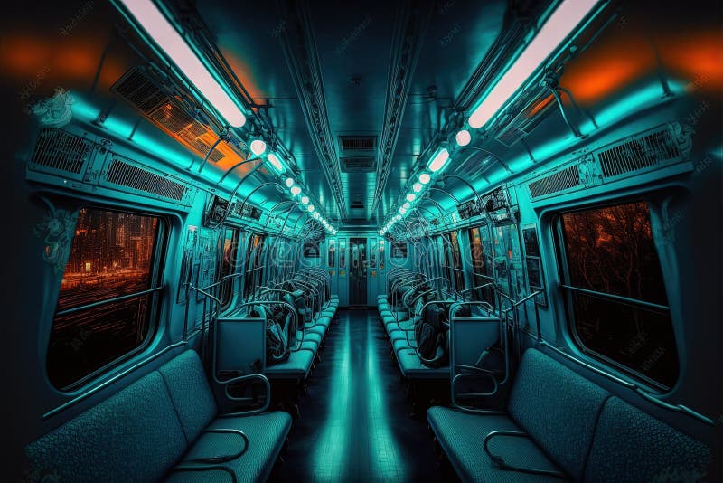Metro Train Interior with Neon Lights, Generative Ai Stock Illustration ...