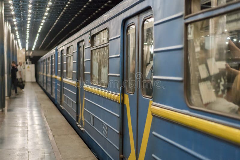 Metro Train on the Platform. Blue Subway Train on the Underground ...