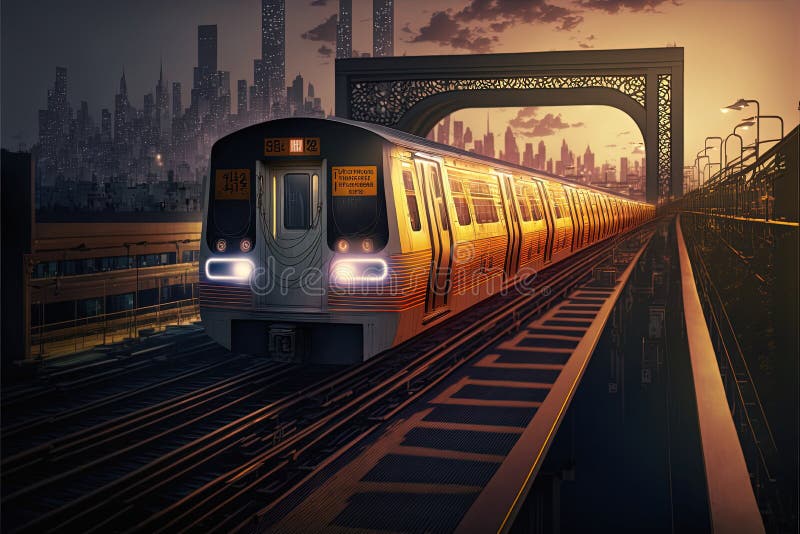 Metro Train on Rails, in a Large City, Generative Ai Stock Illustration ...