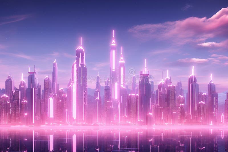 Metropolis in Pink City Skyline Lit Up with Pink Stock Illustration ...