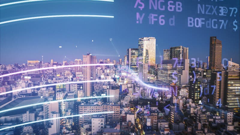 Metropolis Skyline with Futuristic Data Overlays, Showcasing a Dynamic ...