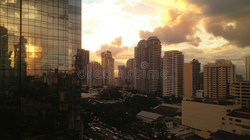 Metropolitan Cityscape at Sunset Reflections and Skyline Views Stock ...