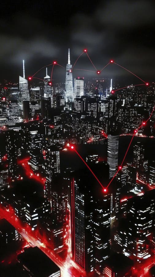Metropolitan Night Scene with Red Illuminated Networks Stock ...