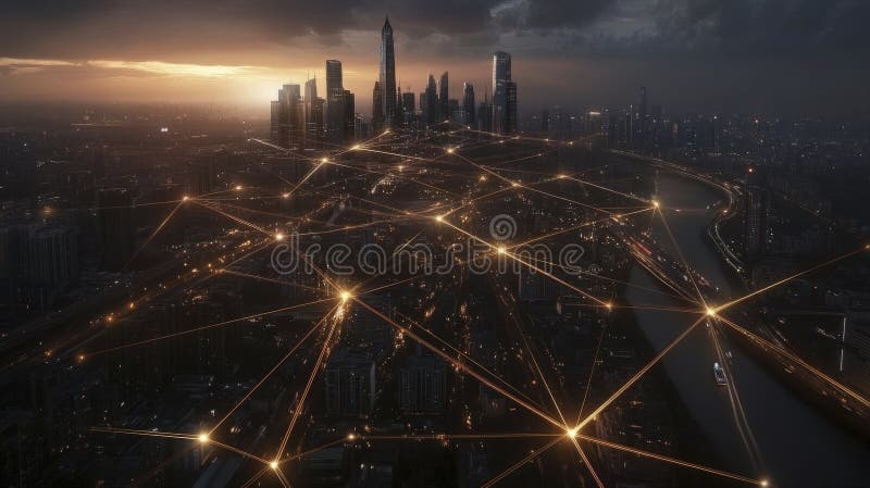 Metropolitan River City Highlighted by Golden Grids Stock Illustration ...