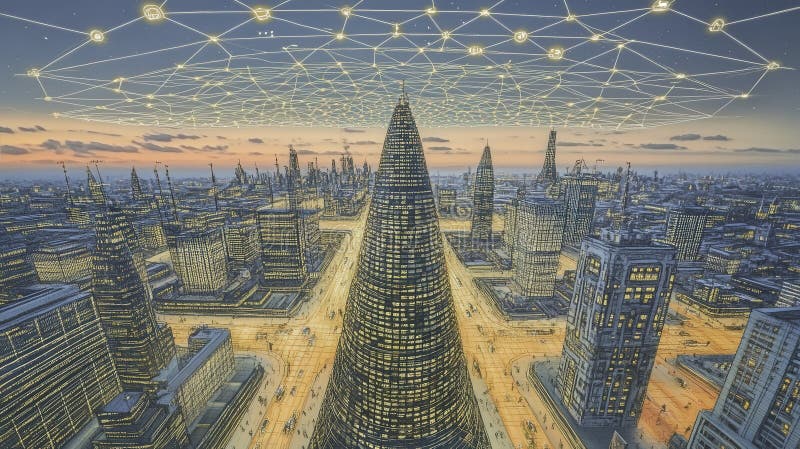 Metropolitan Skyline Beneath Dynamic Digital Canopy Stock Illustration ...