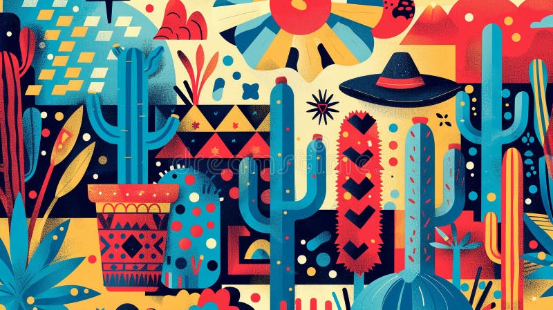 Mexican Abstract Banner with of Cacti, Agave, and Sombrero. Maya or ...