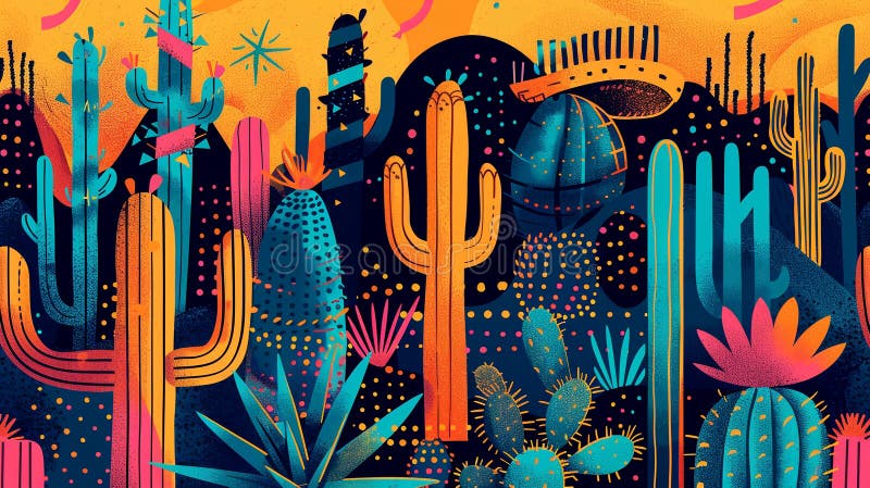 Mexican Abstract Banner with of Cacti, Agave, and Sombrero. Maya or ...