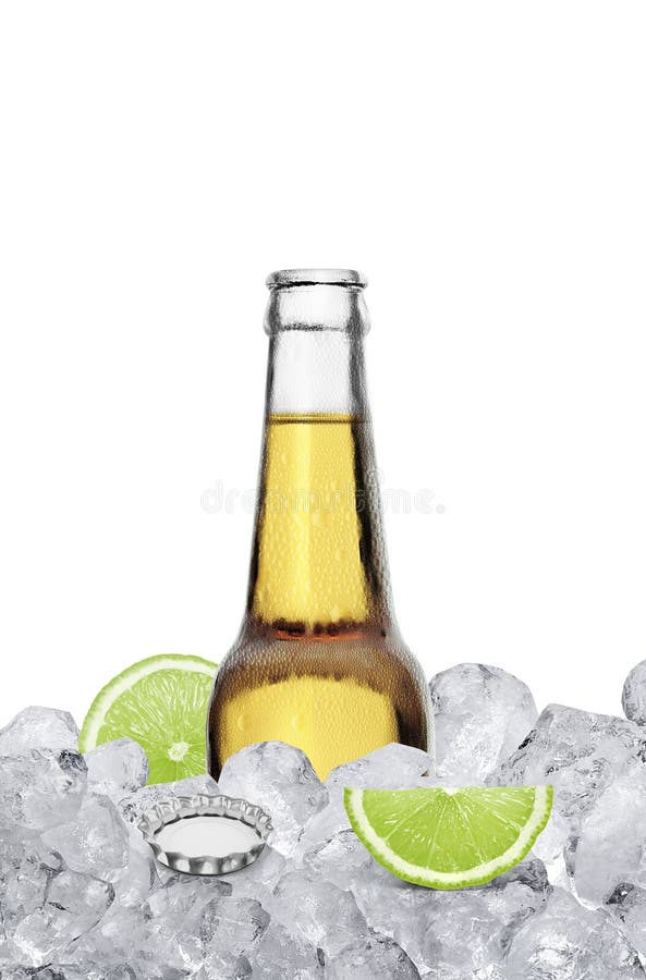 Mexican Beer Bottle with Lime Slice and Frost on White Background Stock ...