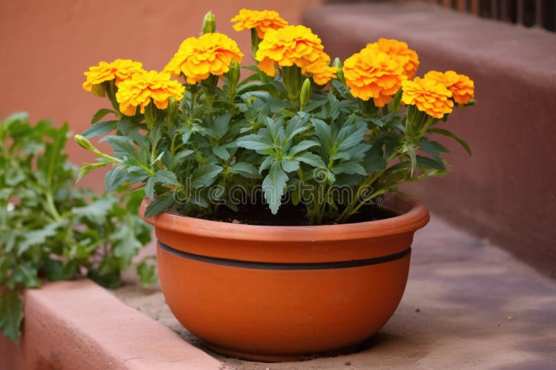 Mexican Cempasuchil Marigolds in a Terra Cotta Pot Stock Image - Image ...