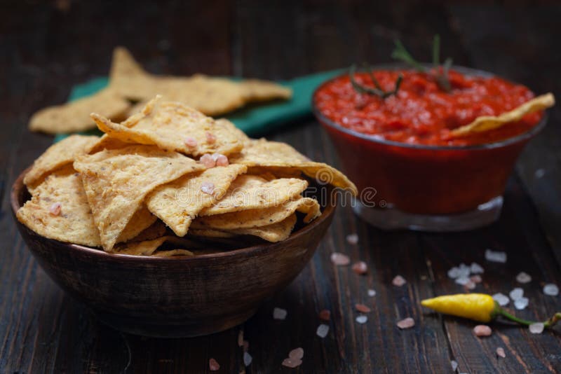Crispy Nachos with Spicy Red Sauce Stock Image - Image of fast, corn ...