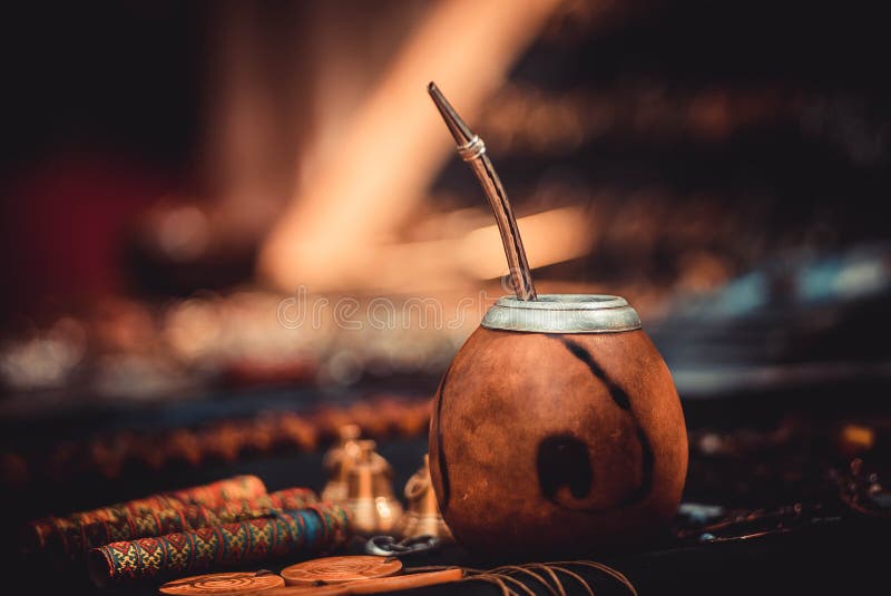 Mexican Cup Calabash for Pumpkin Mate Tea is on the Table Stock Photo ...