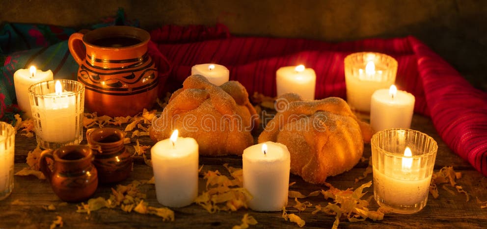 Mexican Day of the Dead Altar with Bread and Coffee Stock Photo - Image ...
