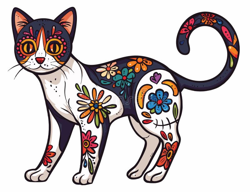 Mexican Day of the Dead Colorful Cat Design Stock Vector - Illustration ...
