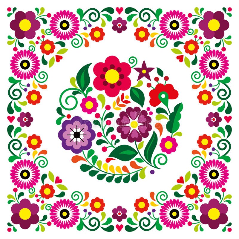 Mexican Folk Art Style Vector Round Floral Pattern in Frame, Greeting ...