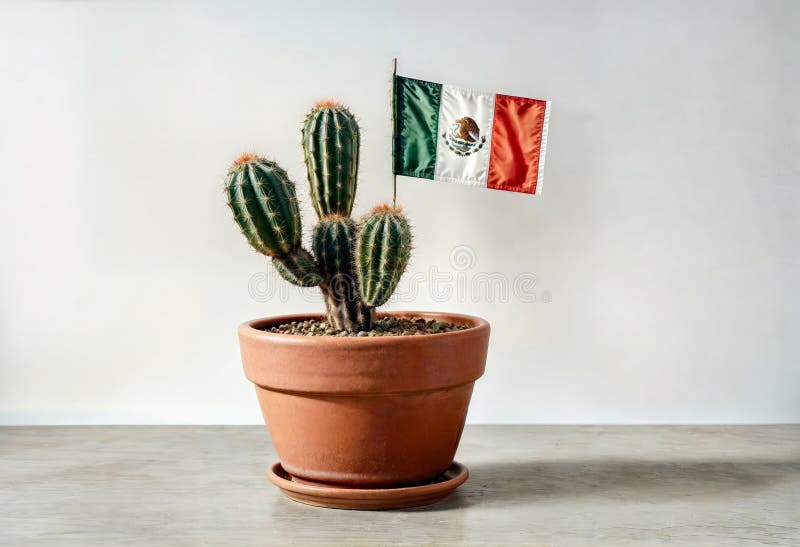 Mexican Flag with a Cactus Plant in a Terracota Pot Stock Illustration ...