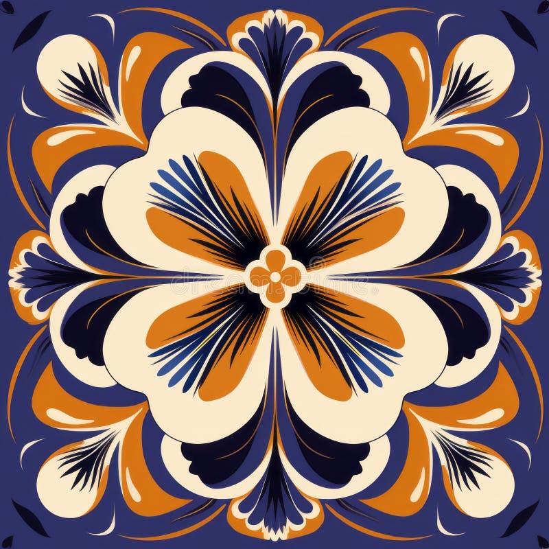 Mexican Folklore-inspired Floral Tiles in Blue, Orange, and Brown Stock ...