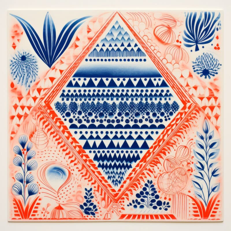 Mexican Folklore-inspired Tile Design with Blue and Orange Geometric ...