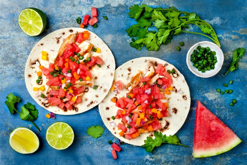 Mexican Grilled Chicken Tacos with Watermelon Salsa. Stock Image ...