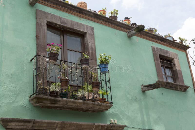 Mexican House Facade with Balcony Closeup Stock Photo - Image of window ...