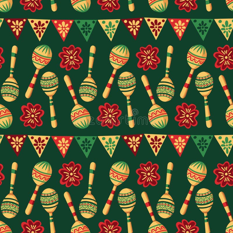 Mexican Maraca Festive Seamless Pattern on Black Background Stock ...