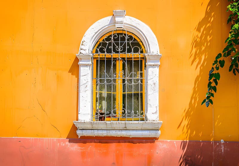 Mexican Orange Wall with White Arched Window and Ironwork Stock ...