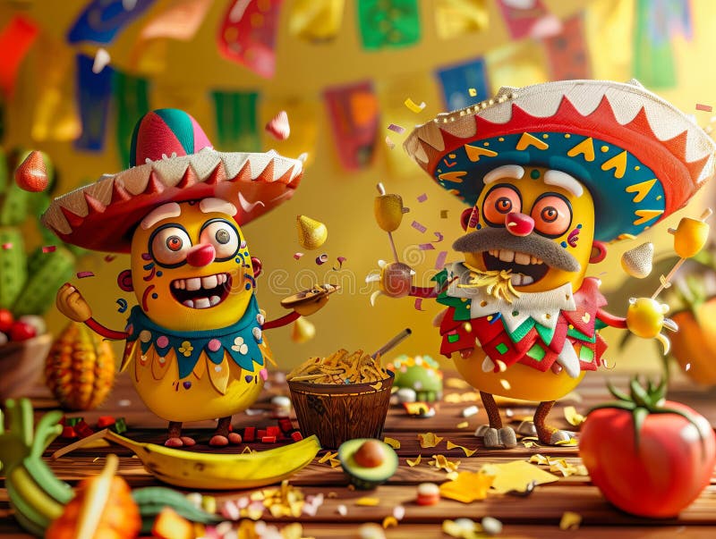Mexican Party with Cartoon Characters Stock Photo - Image of fruit ...