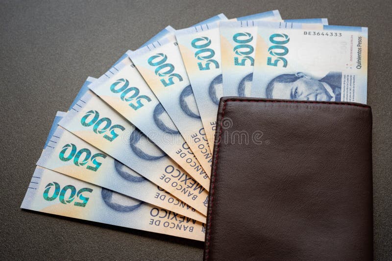 Mexican 500 Pesos Pile of Blue Bucks Inside a Wallet Close Up Stock ...