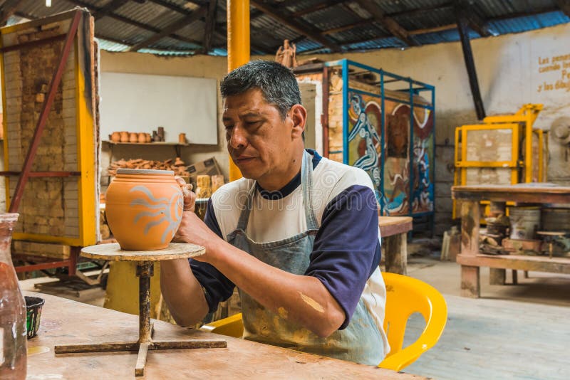 Mexican Potter Craftsman, Working the Clay with His Hands Editorial ...