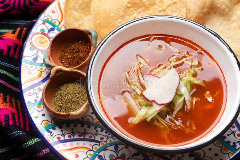 Mexican Red Pozole on Dark Background Stock Image - Image of menu, corn ...