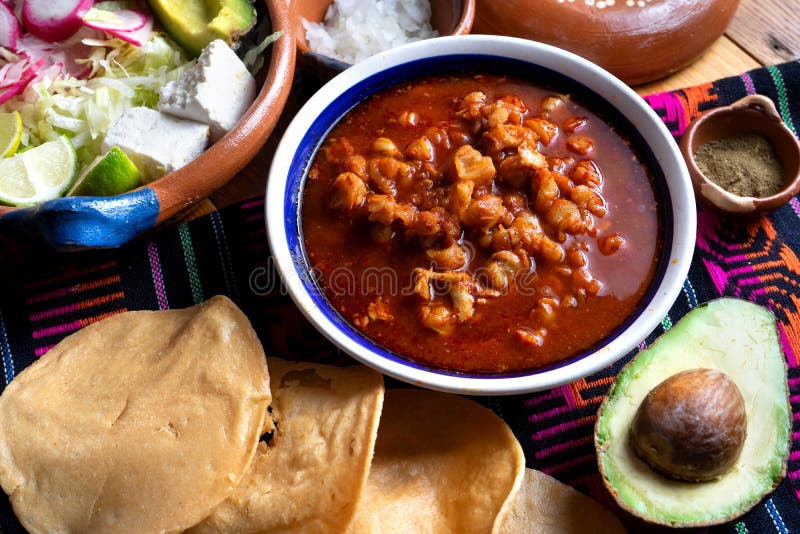 Mexican red pozole soup stock image. Image of chicharron - 173625019