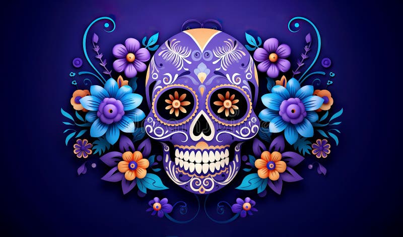Mexican Skull and Flowers, on a Blue Background, Original Pattern ...