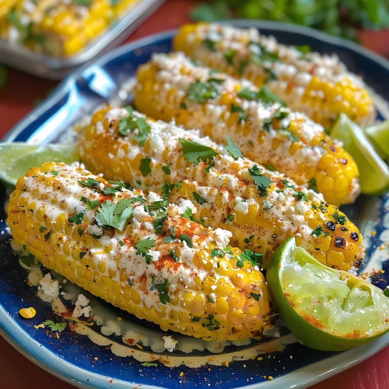 Mexican Street Corn on a Blue Plate Stock Illustration - Illustration ...