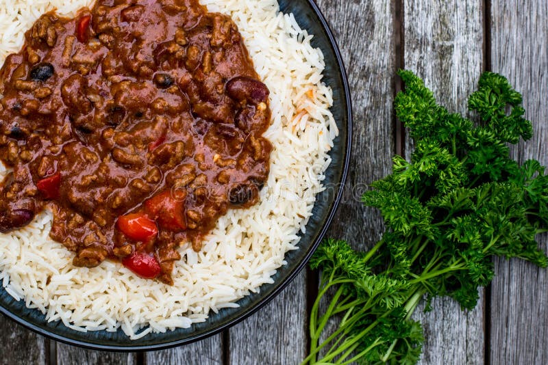 Mexican Style Chilli Con Carne with White Boiled Rice Stock Photo ...