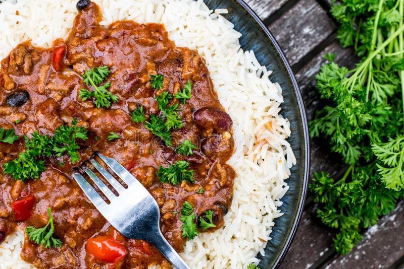 Mexican Style Chilli Con Carne with White Boiled Rice Stock Image ...