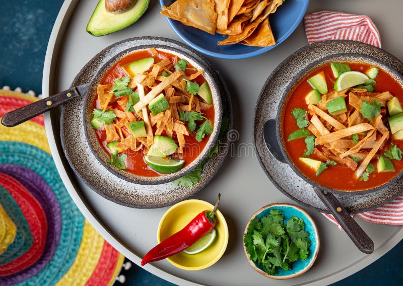 Mexican Style Table with Spicy Aztec Soup with Tortilla. Copy Space ...