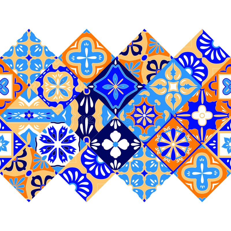Mexican Stylized Talavera Tiles Seamless Border in Blue Orange and ...