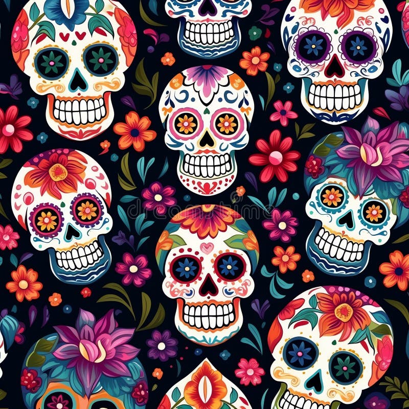 Mexican Sugar Skulls Background Design Seamless Pattern Stock Illustration Illustration Of