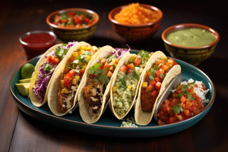 Mexican Taco Assortment with Guacamole and Salsa Stock Illustration ...