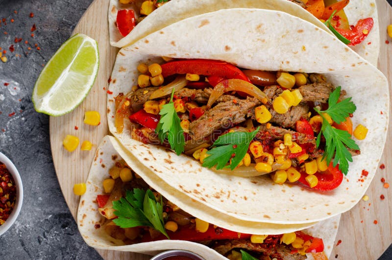 Mexican Tacos with Beef and Vegetables, Tacos Al Pastor on Dark ...