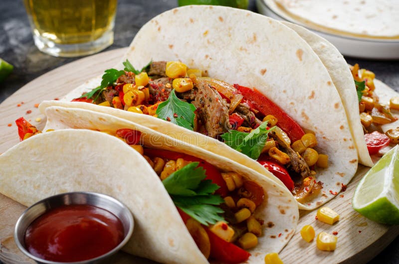 Mexican Tacos with Beef and Vegetables, Tacos Al Pastor on Dark ...