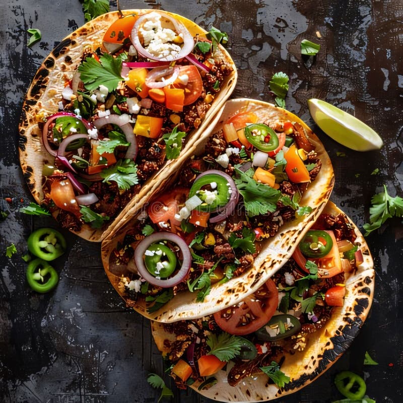 Mexican Tacos with Beef, Vegetables and Cilantro. Top View Stock ...