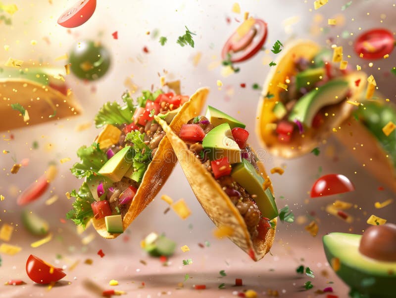 Mexican Tacos Flying in the Air Exploding with Flavour and Bursting ...