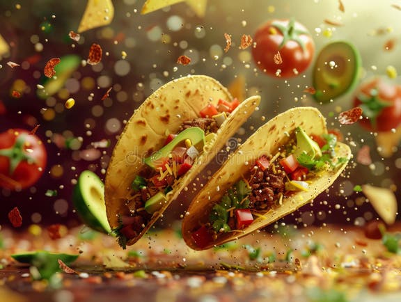 Mexican Tacos Flying in the Air Exploding with Flavour and Bursting ...