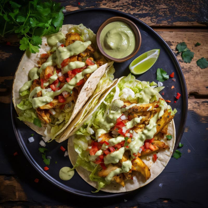 Mexican Tacos with Guacamole and Salsa, Top View Stock Illustration ...