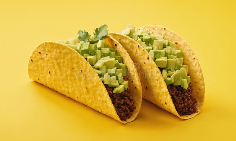 Mexican Tacos with Meat and Vegetables on Yellow Background, Closeup ...