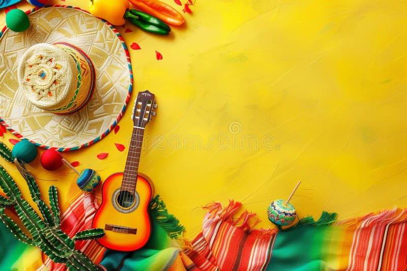 Mexican Themed Background with Guitar and Sombrero Stock Image - Image ...
