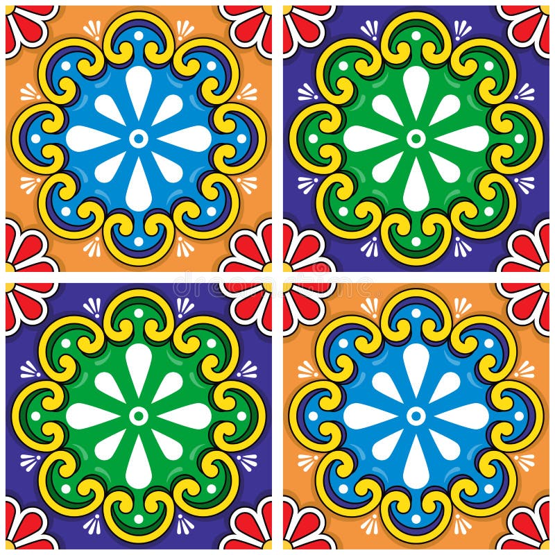 Mexican Talavera Tile Seamless Pattern Vector 4 Designs with Flowers ...