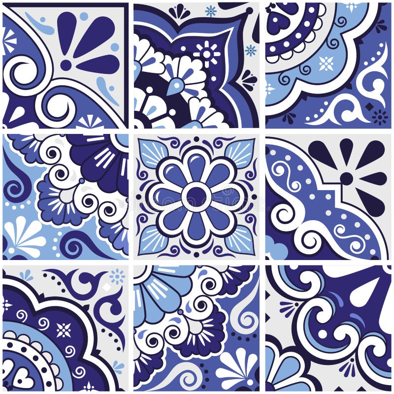 Mexican Talvera Ceramic Tiles Set with Navy Blue Decor, Flowers, Leaves ...